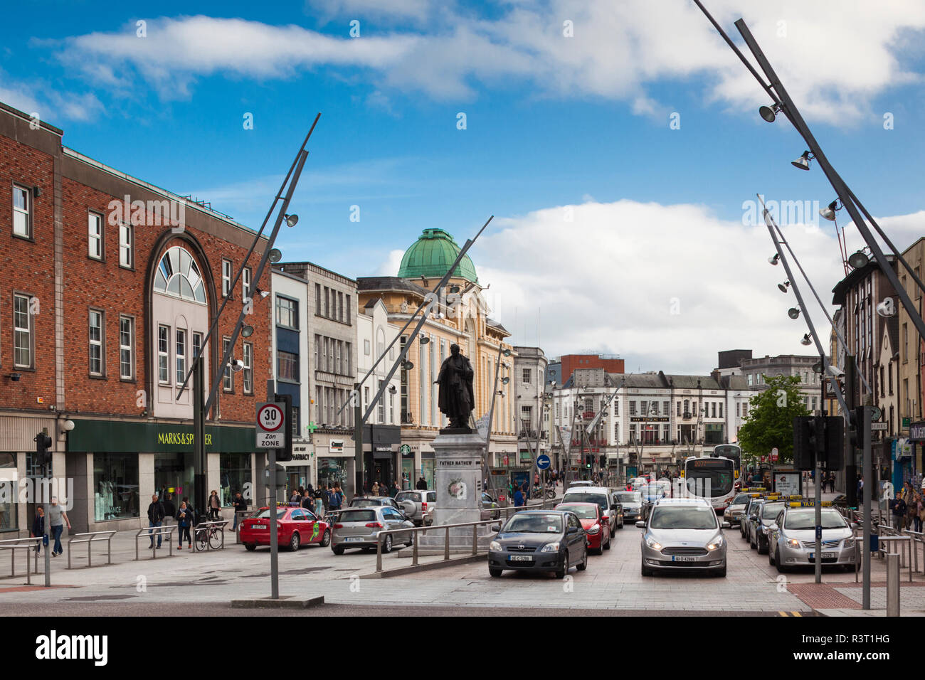 Ireland, County Cork, Cork City, St. Patrick's Street with statue of ...