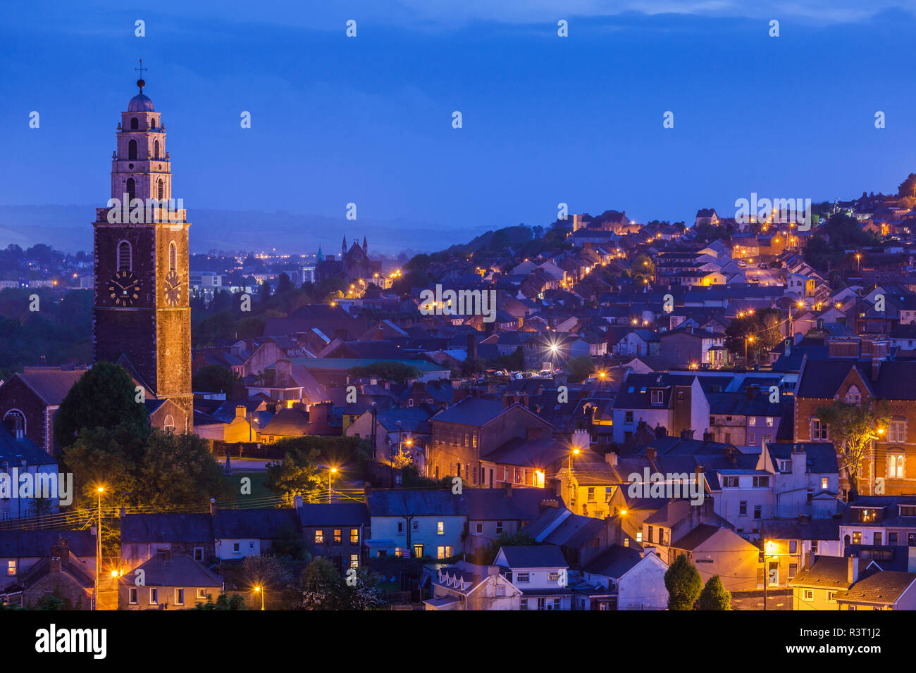 Ireland, County Cork, Cork City, St. Anne's Church, elevated view, dusk ...