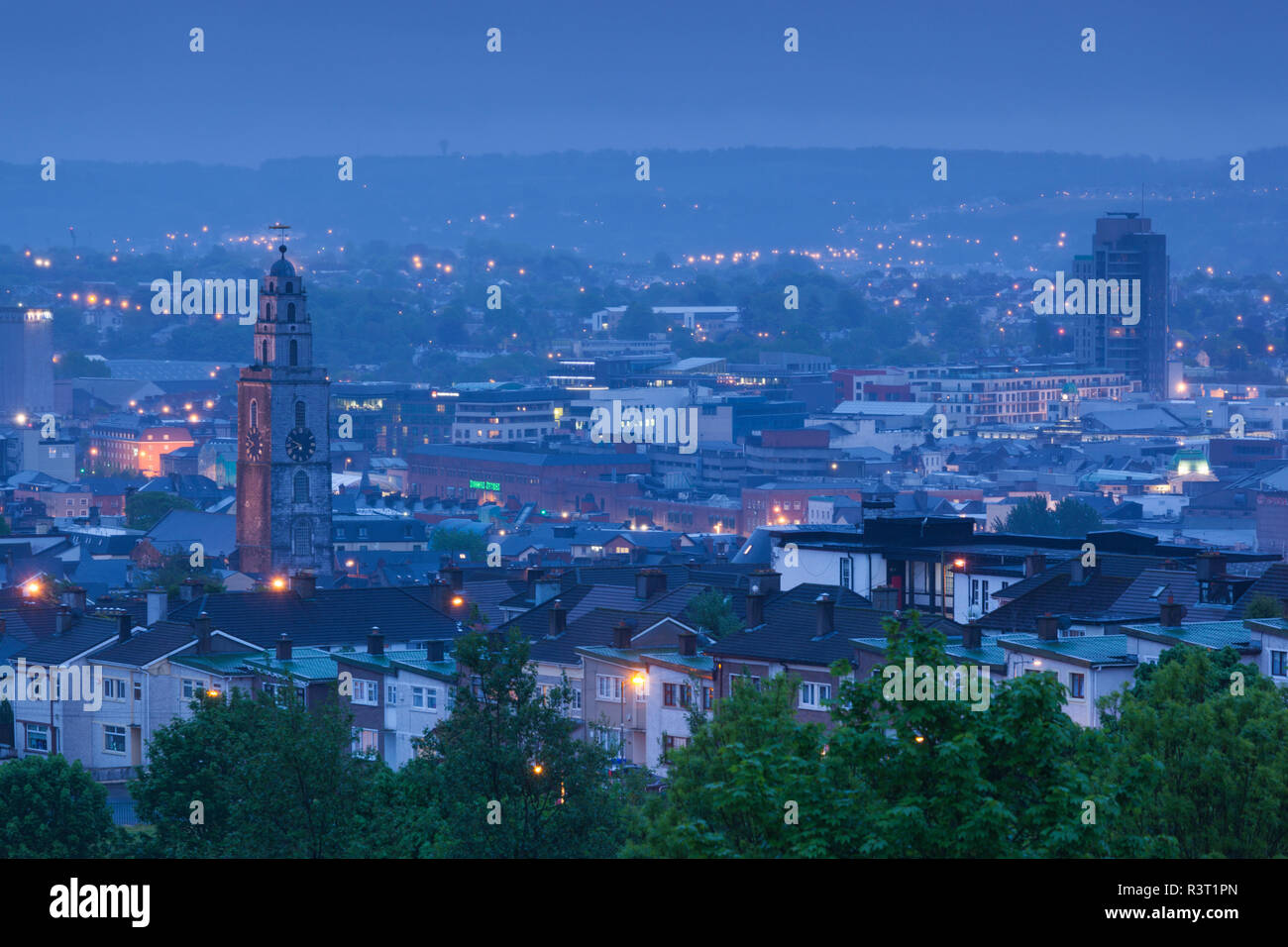 Ireland, County Cork, Cork City, elevated city view from the west, dusk ...