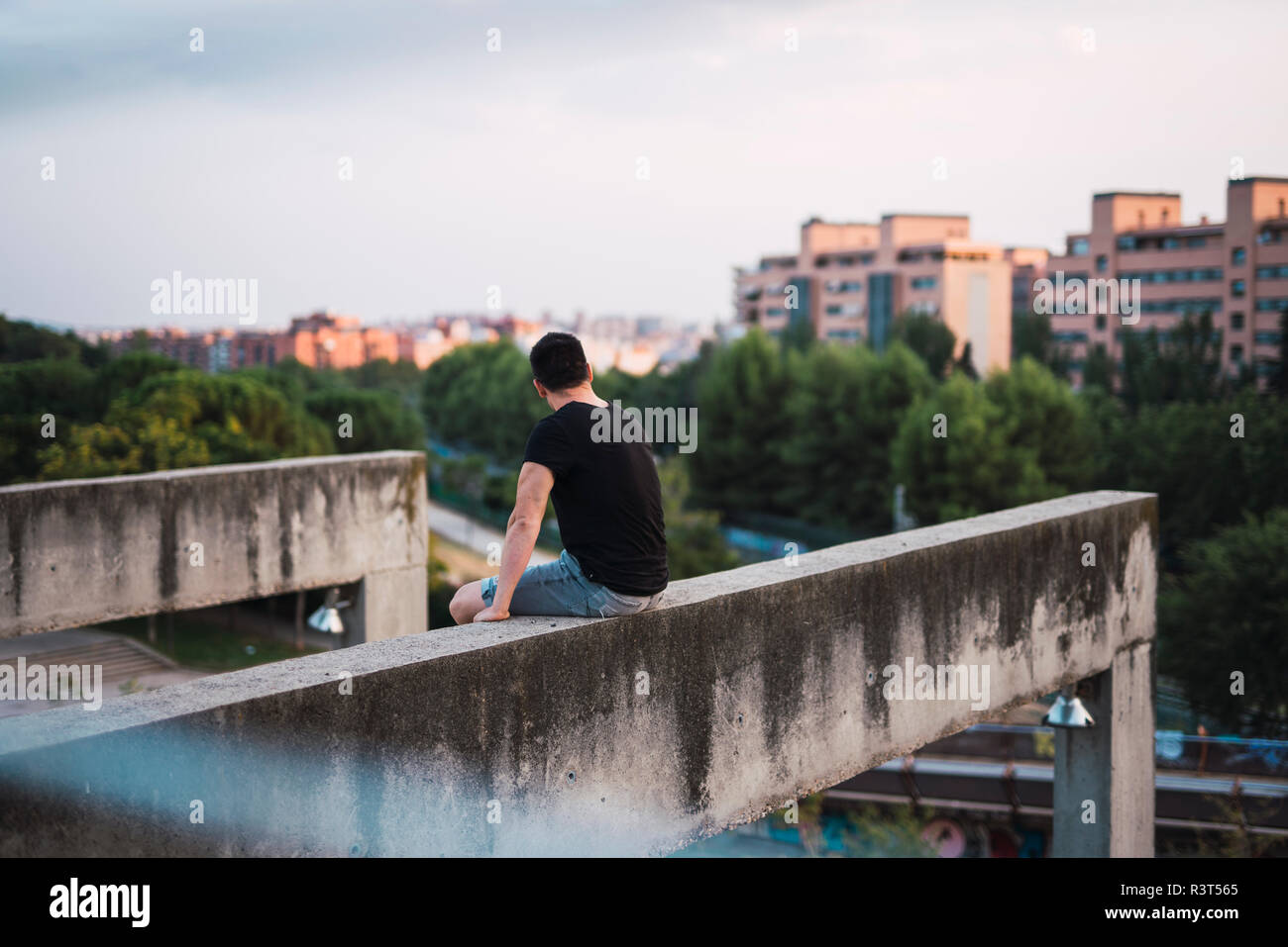 Back view of man sitting on a wall enjoying view at evening light Stock ...