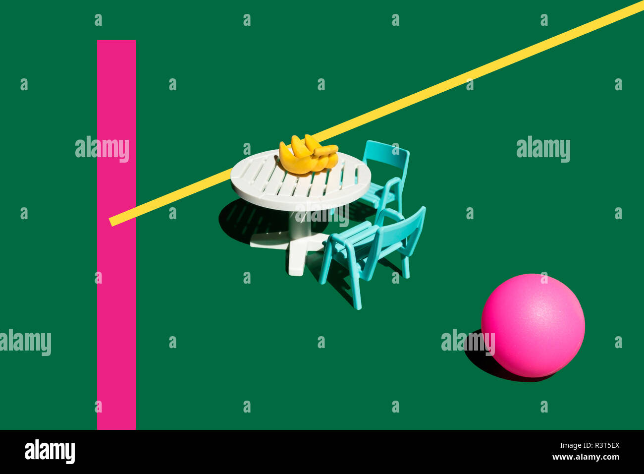 3D Rendering, table, chairs, bananas, pink ball, miniature Stock Photo ...