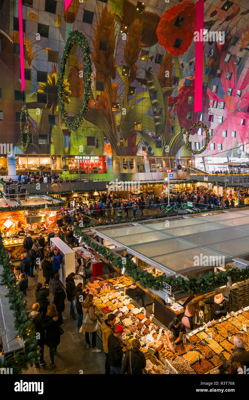 Netherlands, Rotterdam. Markthal food hall, elevated interior view ...