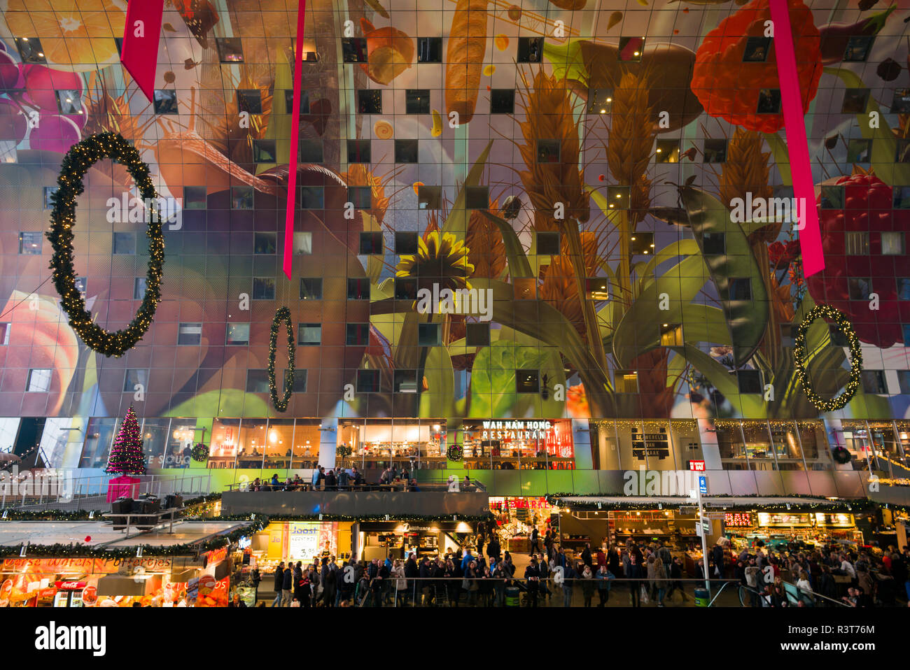 Netherlands, Rotterdam. Markthal food hall, elevated interior view ...
