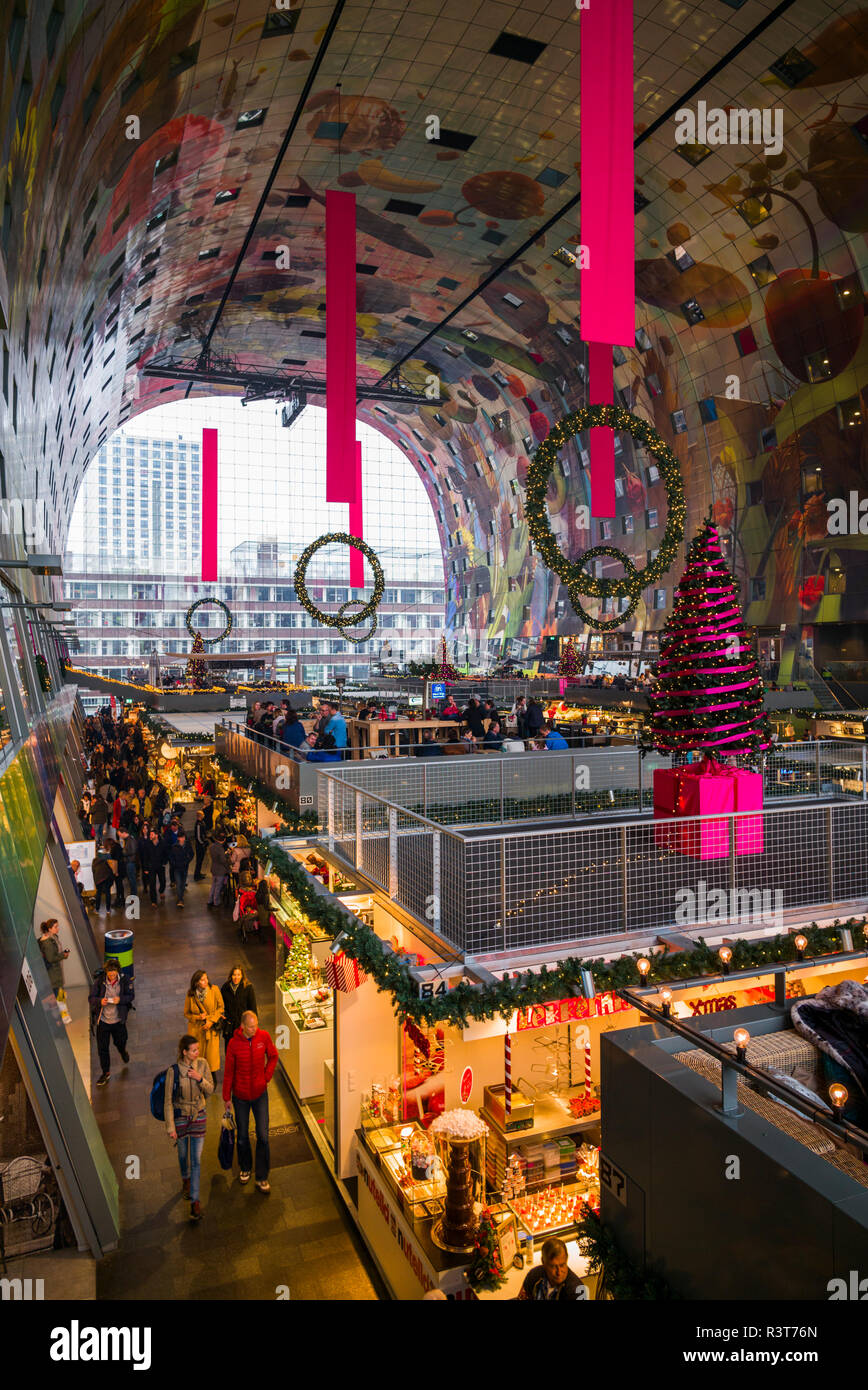 Netherlands, Rotterdam. Markthal food hall, elevated interior view ...