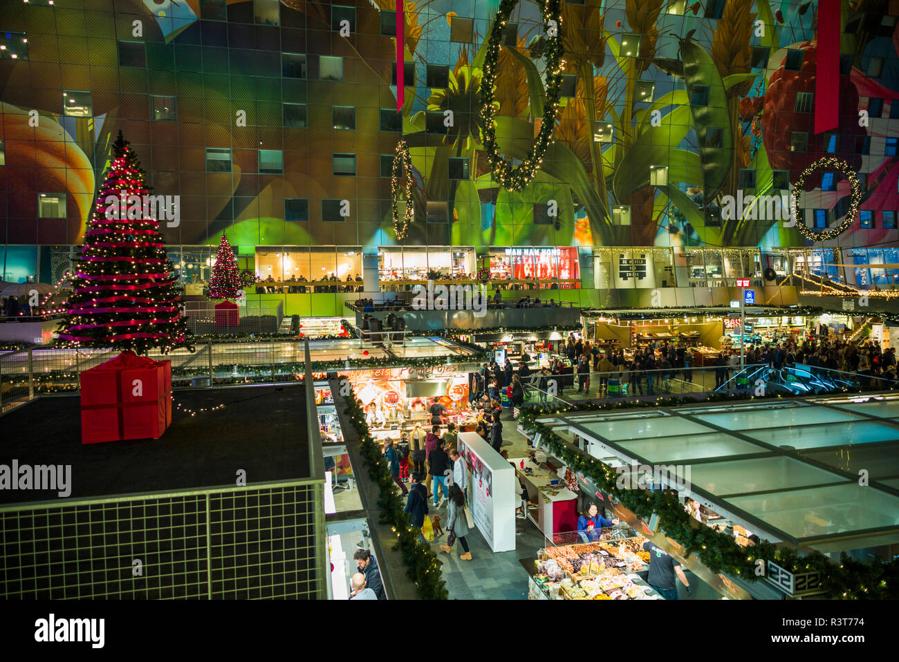 Netherlands, Rotterdam. Markthal food hall, elevated interior view ...