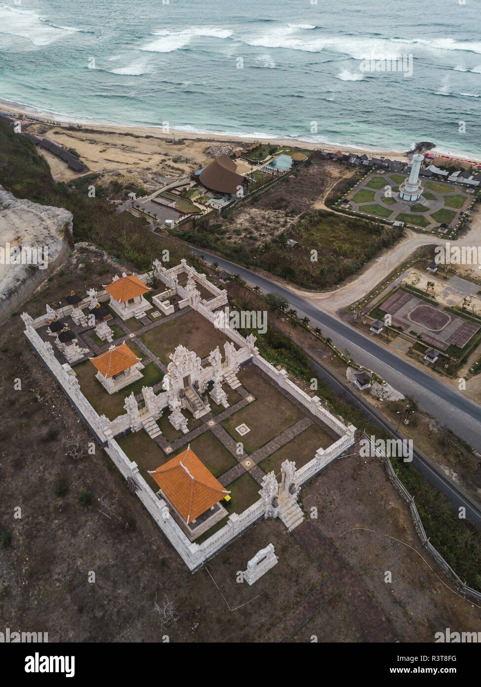 Indonesia, Bali, Aerial view of Pandawa beach, Balinese temple Stock ...
