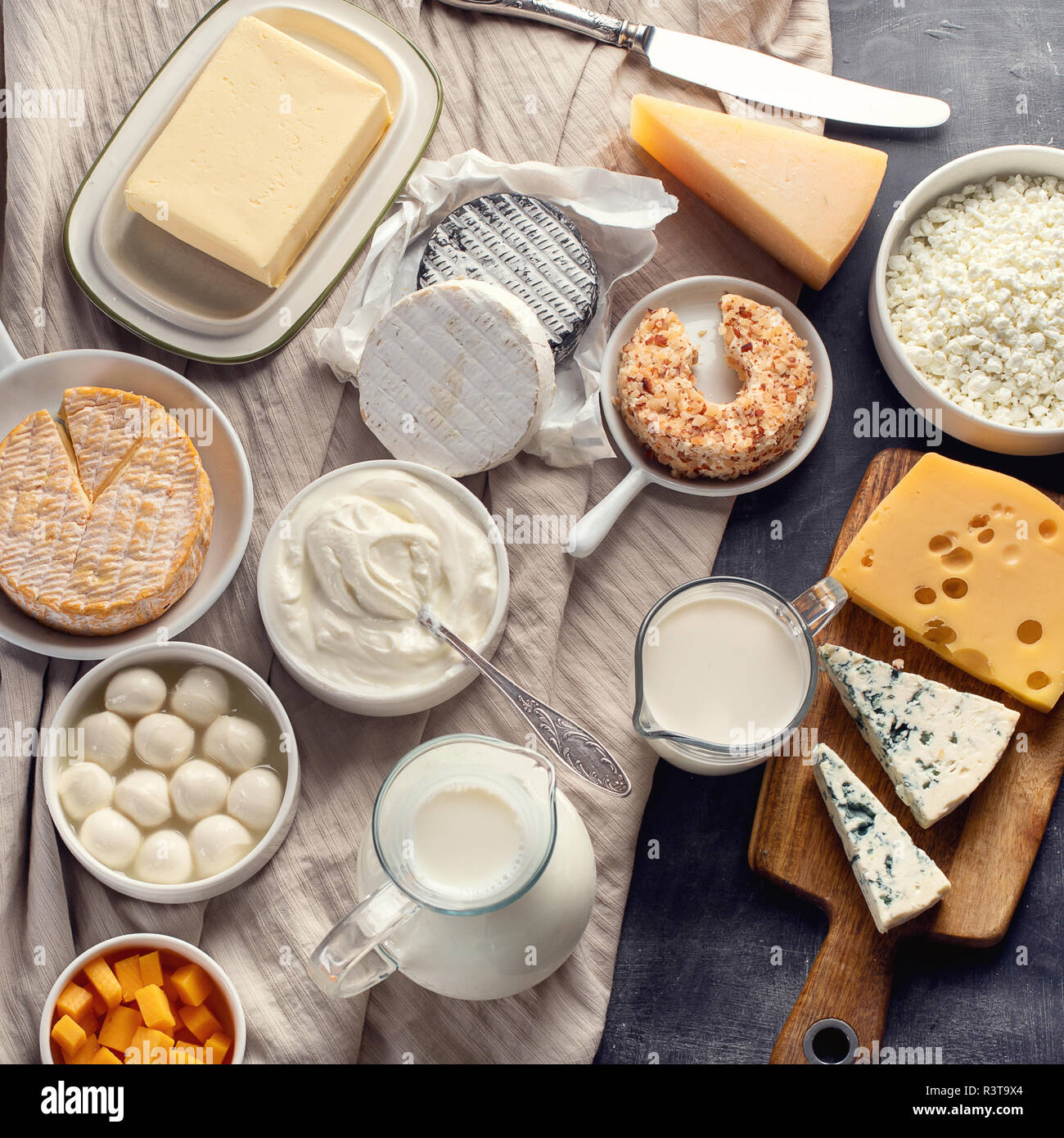Dairy products. Milk, cheese, sour cream, cottage, yogurt and butter on ...