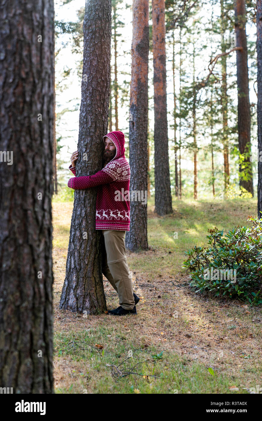 Finland, Young man hugging trees in a forest Stock Photo - Alamy