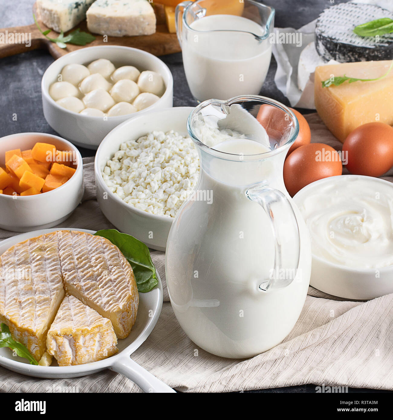 Dairy products. Milk, cheese, sour cream, cottage, yogurt and butter on ...