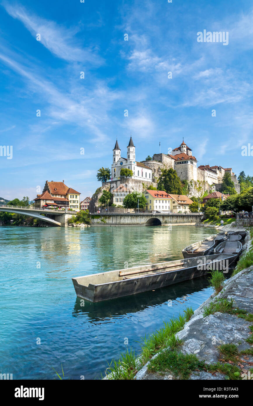 Switzerland, Aargau, Aarburg, Church and castle in front of Aare Stock ...