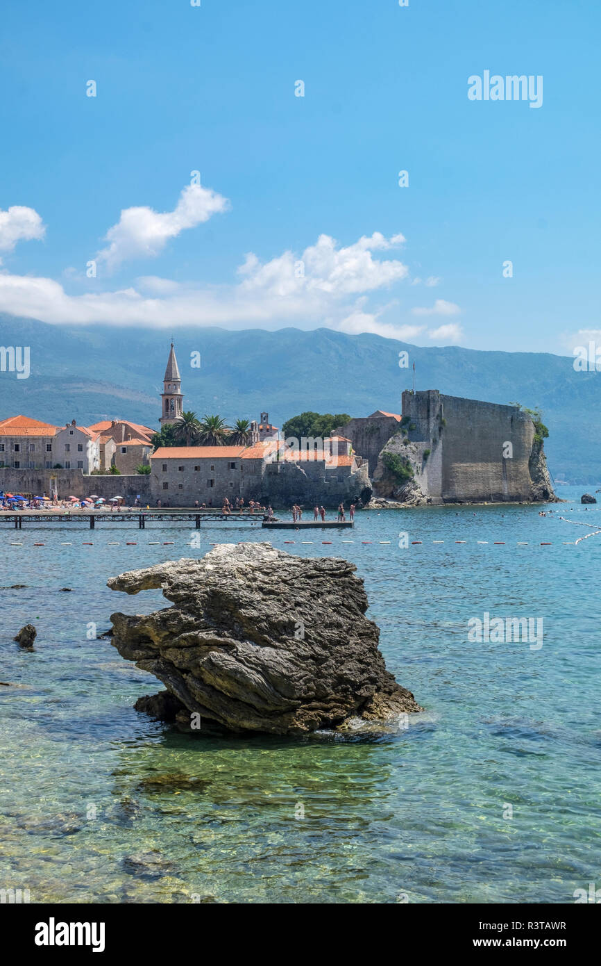 Slovenska Plaza, beach, Old Town, Adriatic Sea, Budva, Montenegro Stock ...