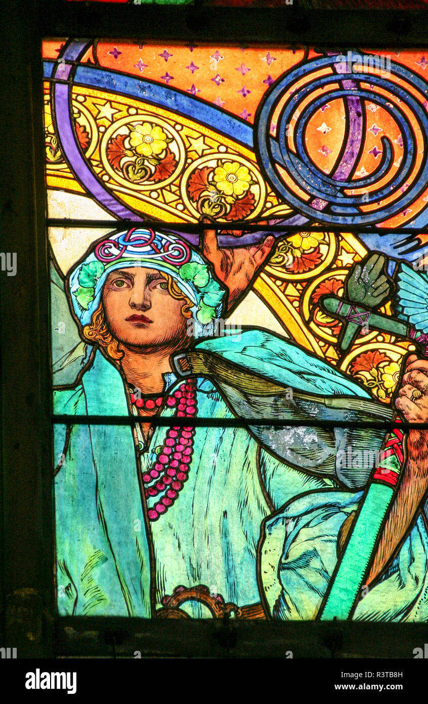 Art Nouveau Stained glass window, designed by the artist A. Mucha, in ...