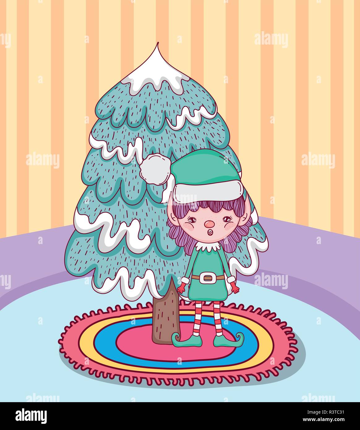 cute santa helper with pine tree in the house vector illustration ...