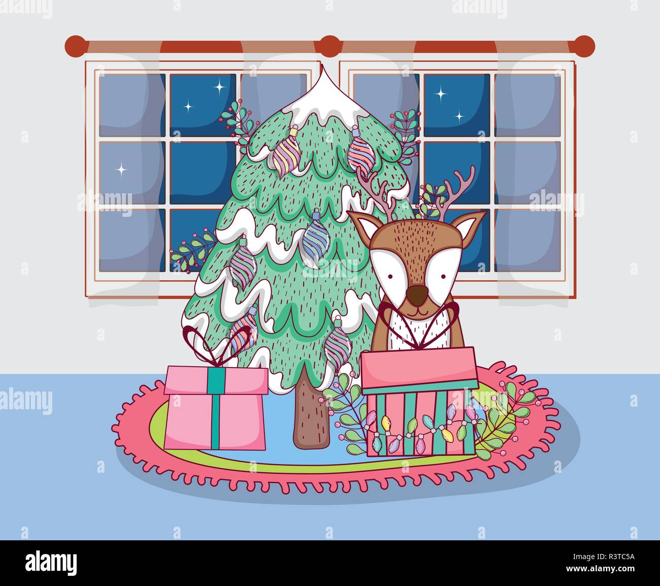 merry christmas tree with reindeer in the house vector illustration ...