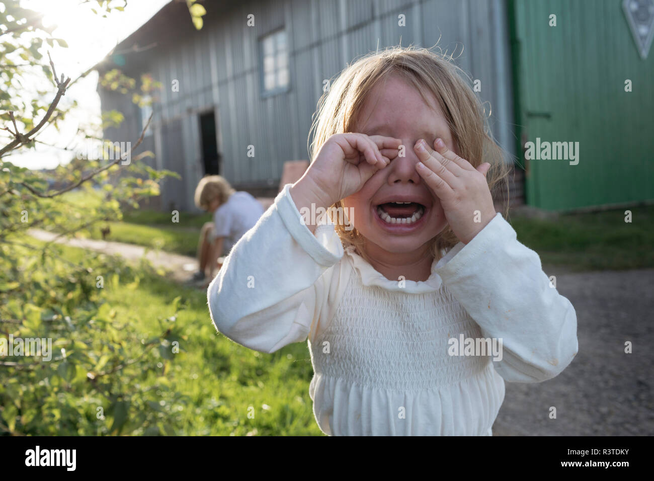 Portrait of screaming little girl covering eyes with her hands Stock ...