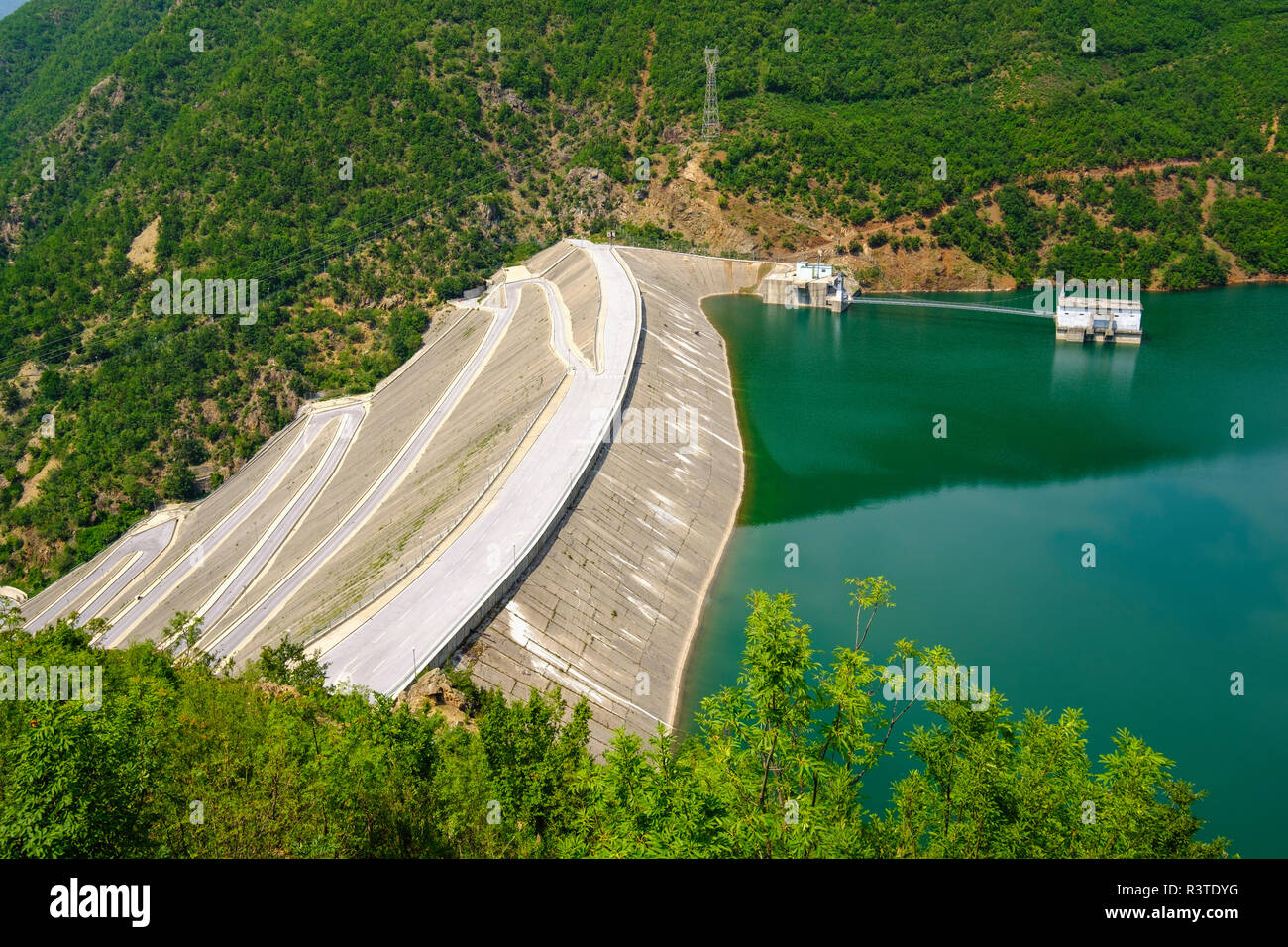 Albania, Shkoder, Drin river, dam wall of Fierza reservoir, Liqeni i ...