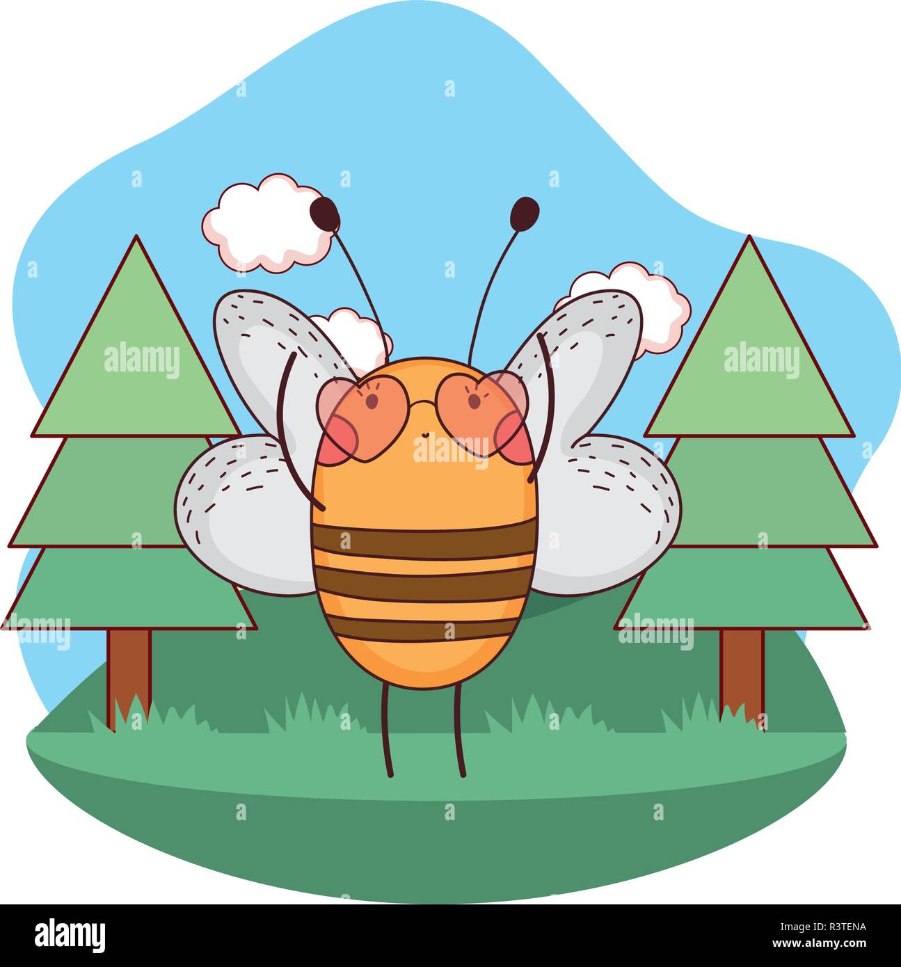cute little bee with heart sunglasses in the camp vector illustration ...