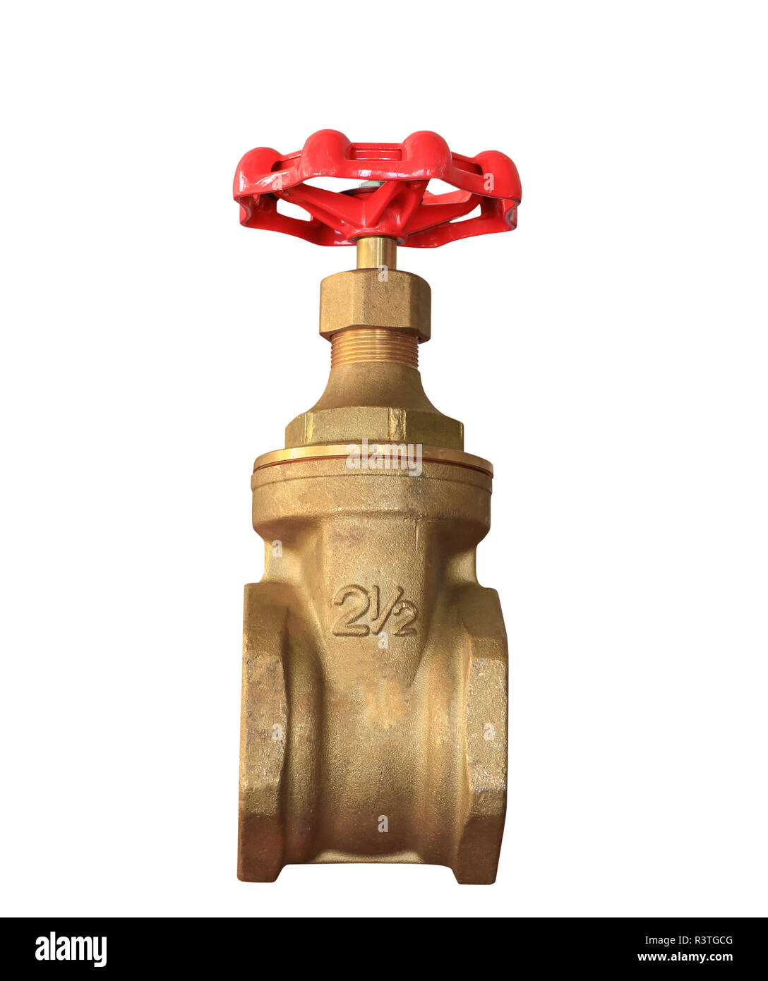 brass valve with red knob stale in a factory plumber isolated on white ...