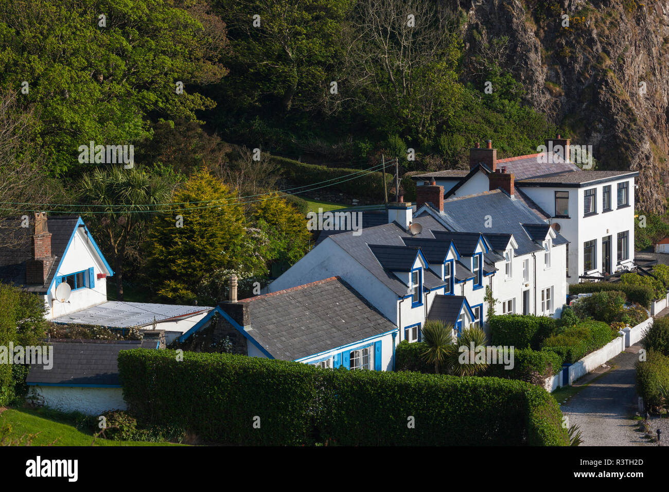UK, Northern Ireland, County Antrim, Portbradden, elevated village view ...