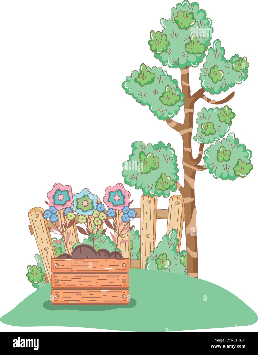 tree plant with flowers garden in wooden pot vector illustration design ...