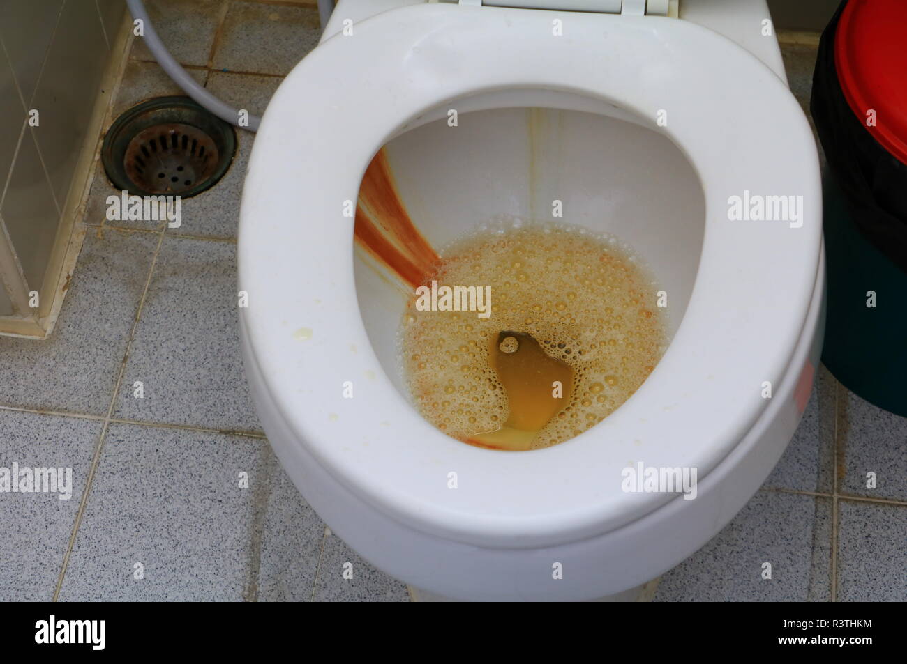 Toilet lavatory with dirty toilet in public, top view Stock Photo - Alamy