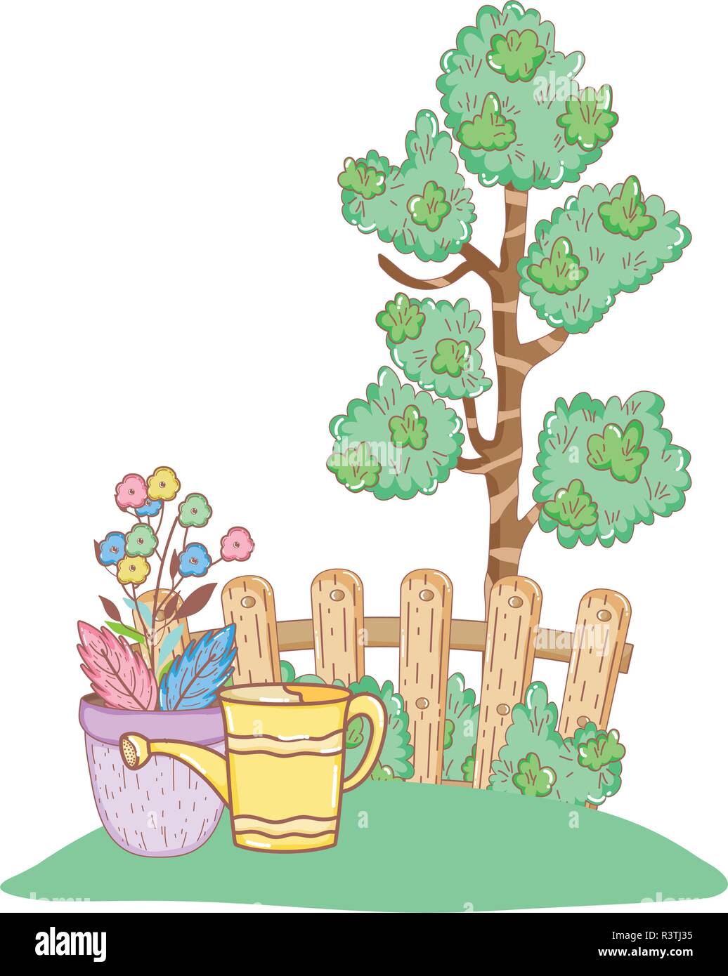 tree plant with garden and sprinkler vector illustration design Stock ...