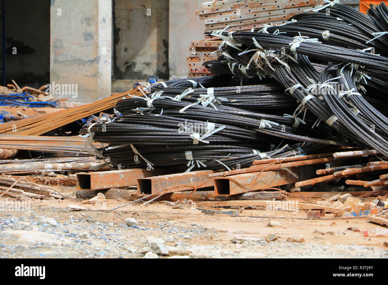 wire rod or coil - sling in a construction site on the ground select ...