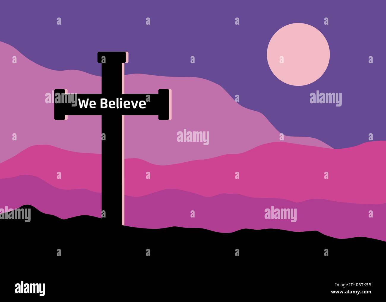 A symbolic view of the Crucifix on the Golgotha mountains with the moon ...