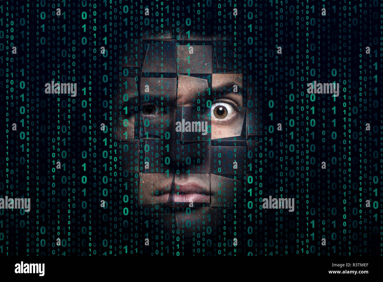 portrait of a man with a puzzled look that decomposes into cubes with ...