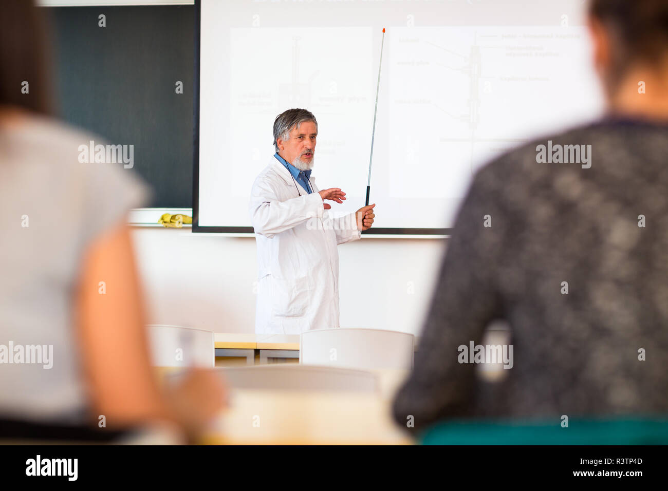 Senior chemistry professor giving a lecture in front of classroom Stock ...