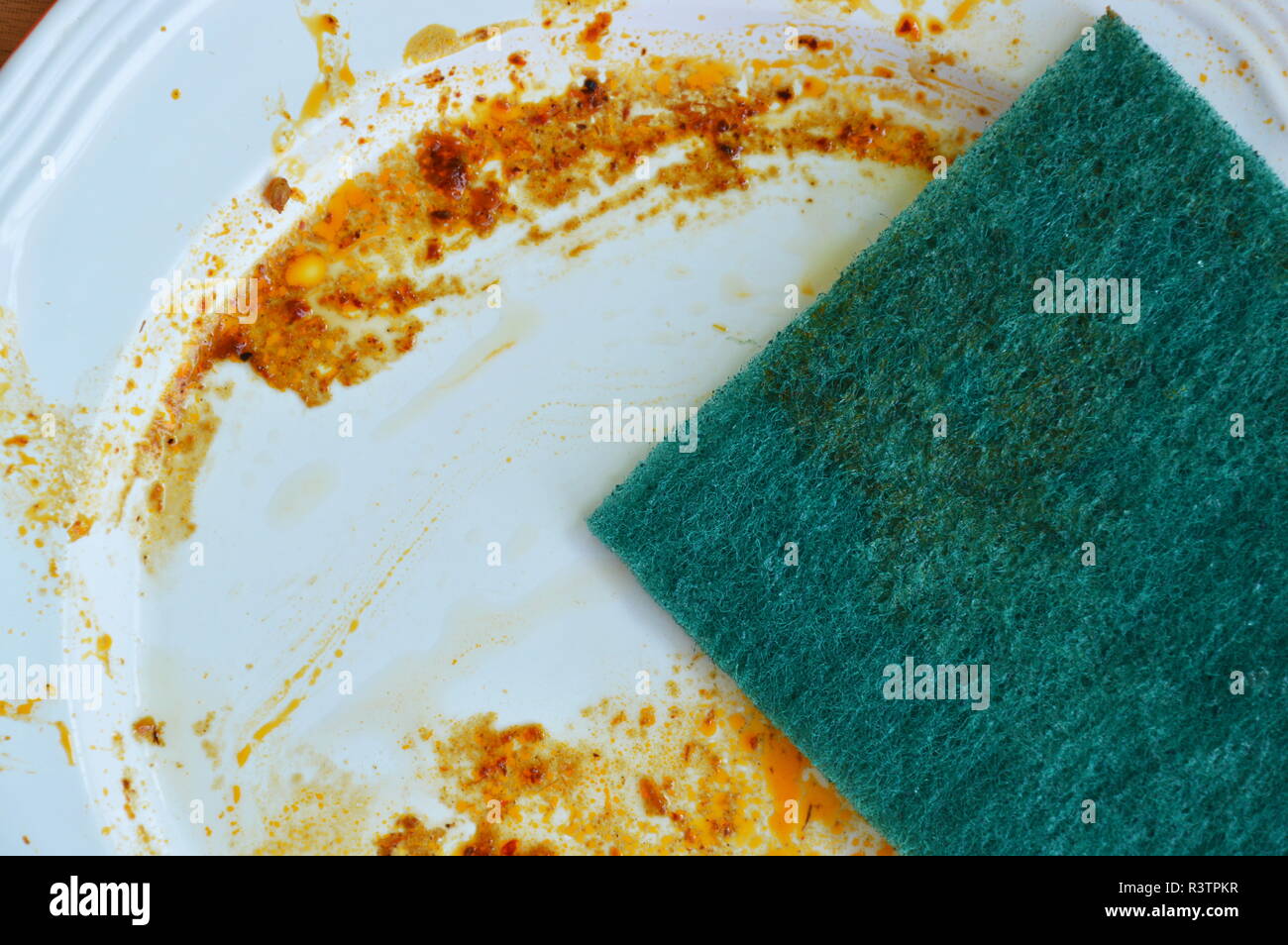 green scrub sponge purely to food stain on white dish Stock Photo - Alamy