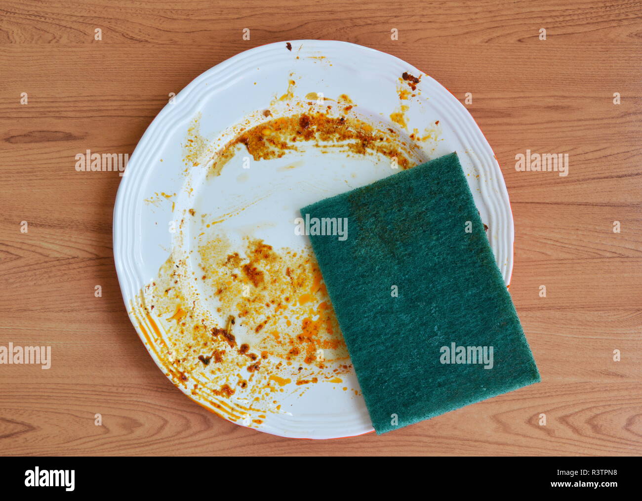 green scrub sponge purely to food stain on white dish Stock Photo - Alamy