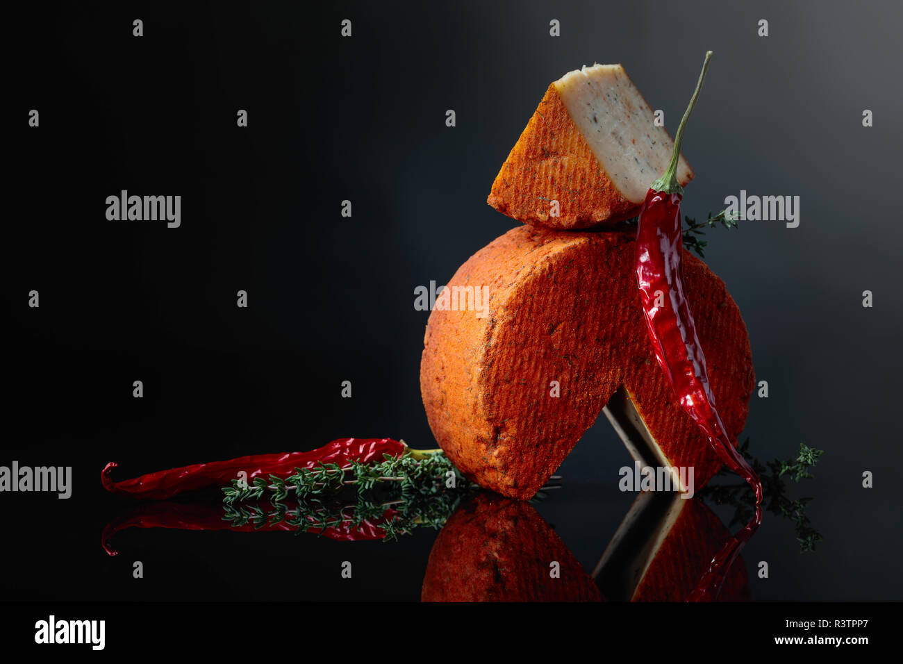 Red Pecorino sheep milk cheese with thyme and red pepper. Traditional ...