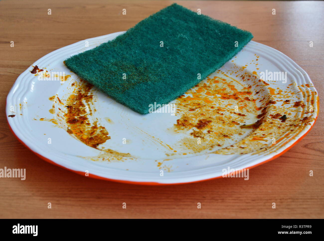 green scrub sponge purely to food stain on white dish Stock Photo - Alamy