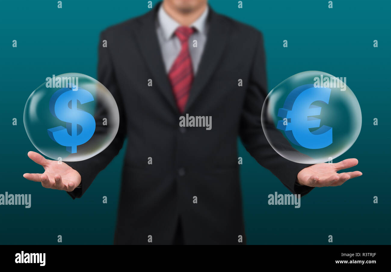 man show dollar and euro symbol in bubble Stock Photo - Alamy
