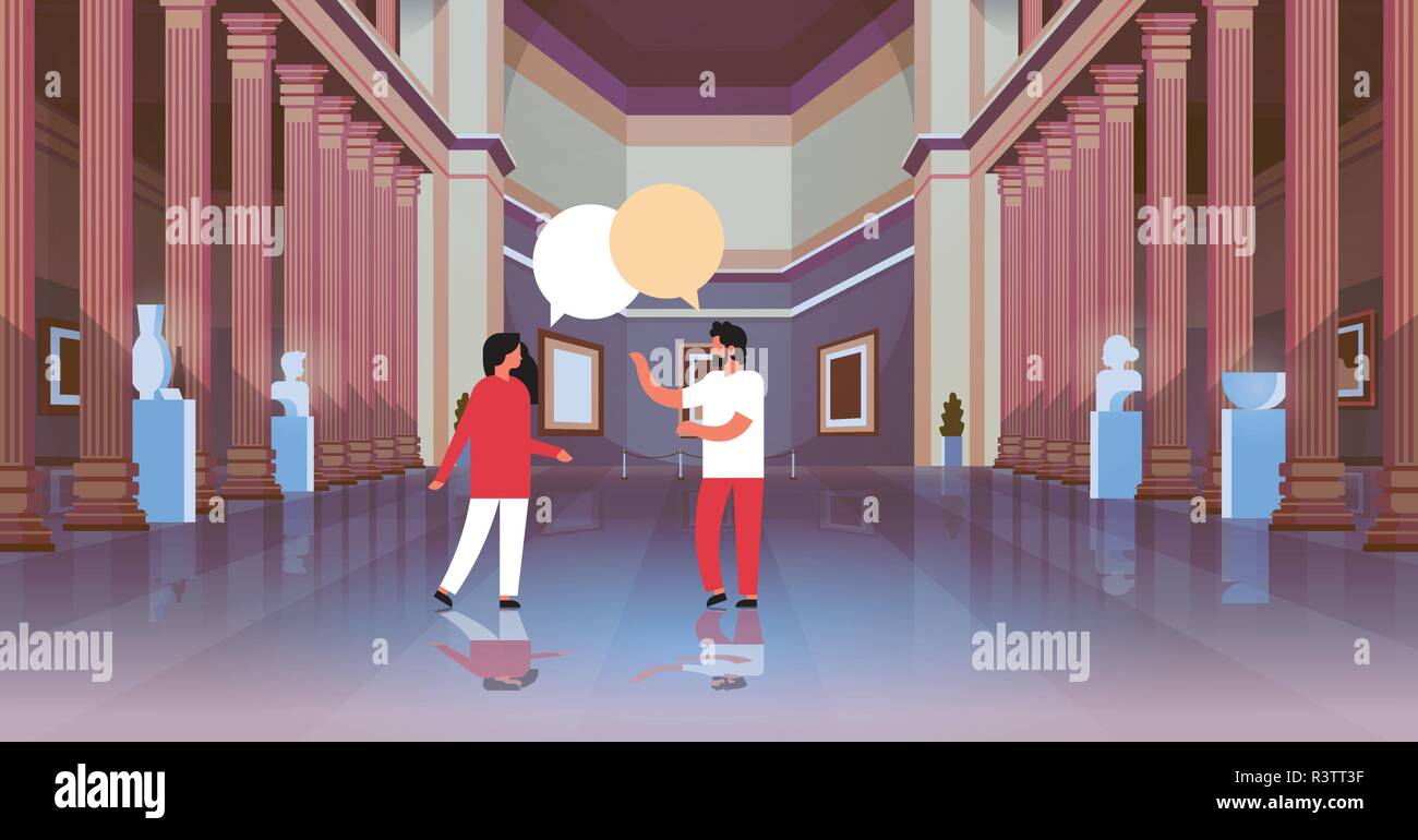 couple visitors in classic historic museum art gallery hall with ...