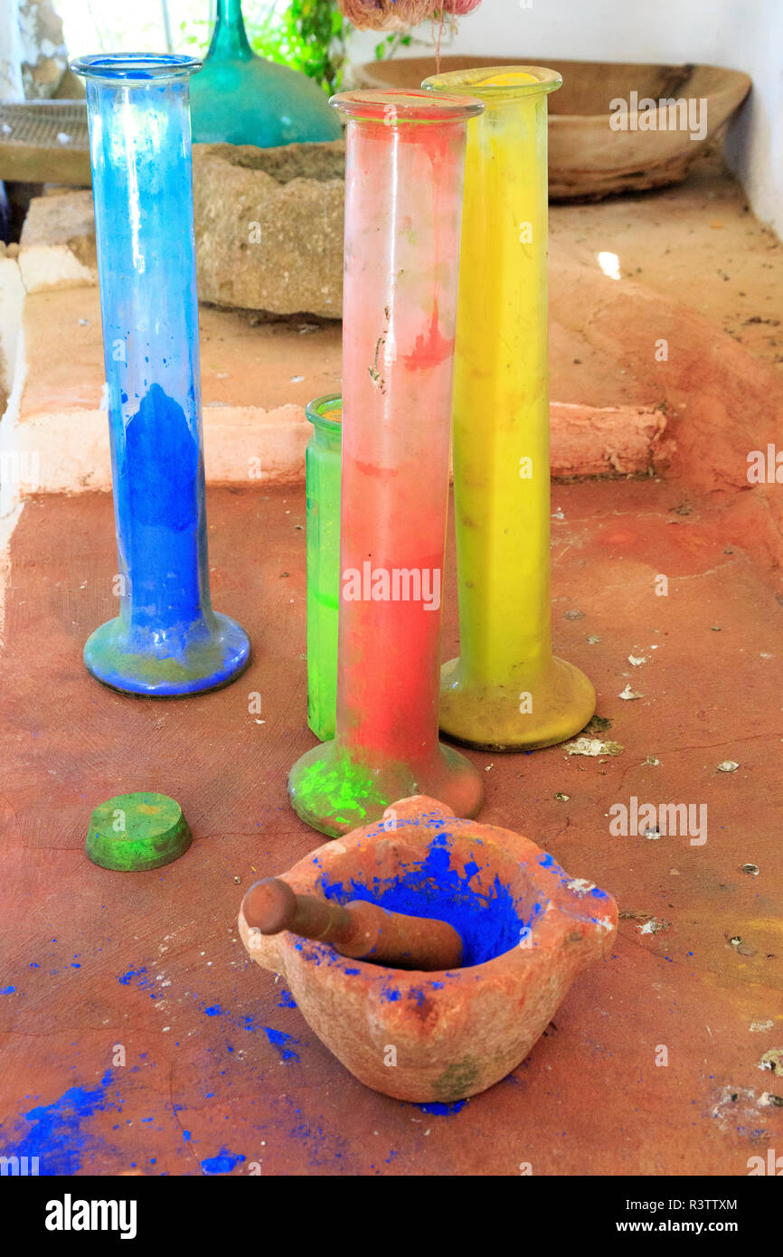 Spain, Balearic Islands, Mallorca. Esporles, La Granja museum. Dye room ...