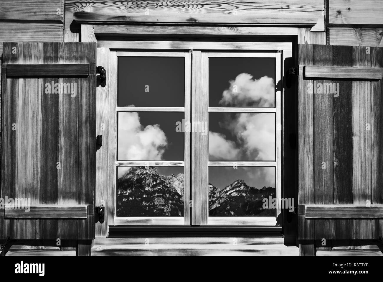 cottage window with mountain views in black and white Stock Photo - Alamy