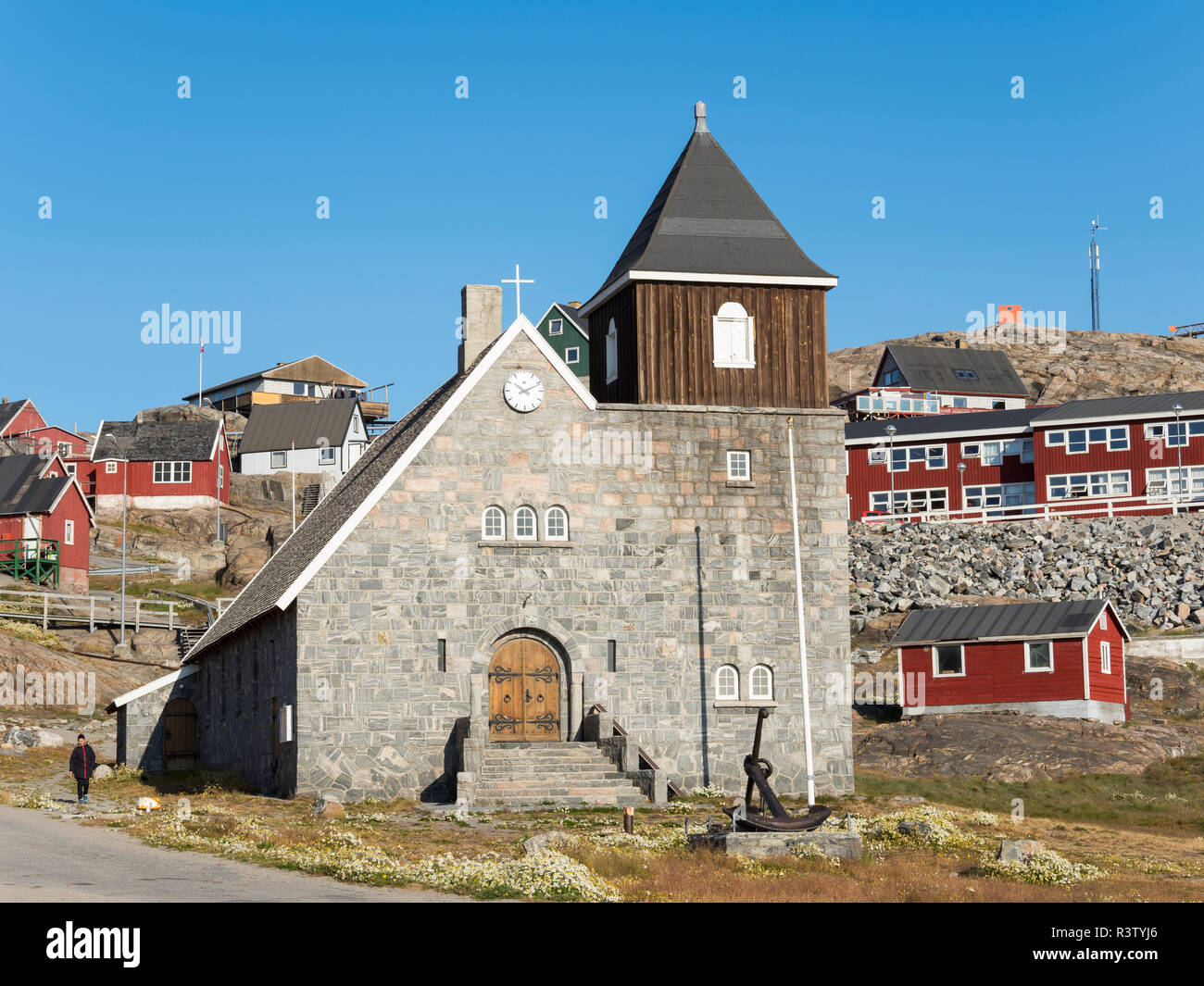 Small town church of Uummannaq, northwest Greenland, Denmark Stock ...