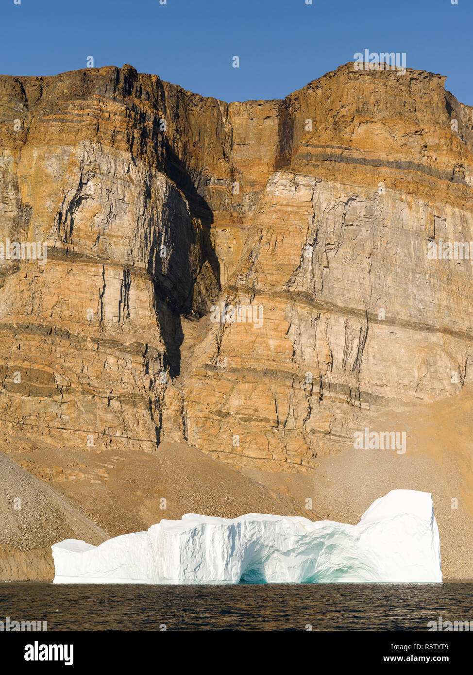 Landscape with steep yellow cliffs and icebergs in the Uummannaq fjord ...