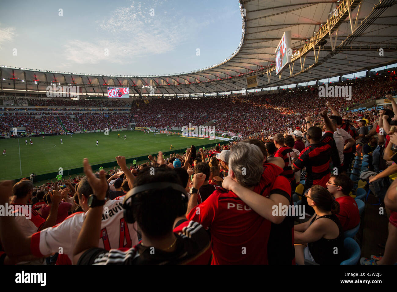 Soccer fans celebrate a play by the Clube de Regatas do Flamengo (Rio ...