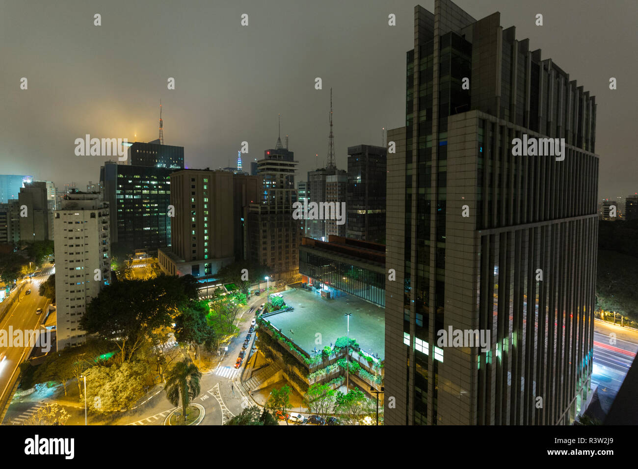 Long exposure night photography during a foggy night in downtown Sao ...