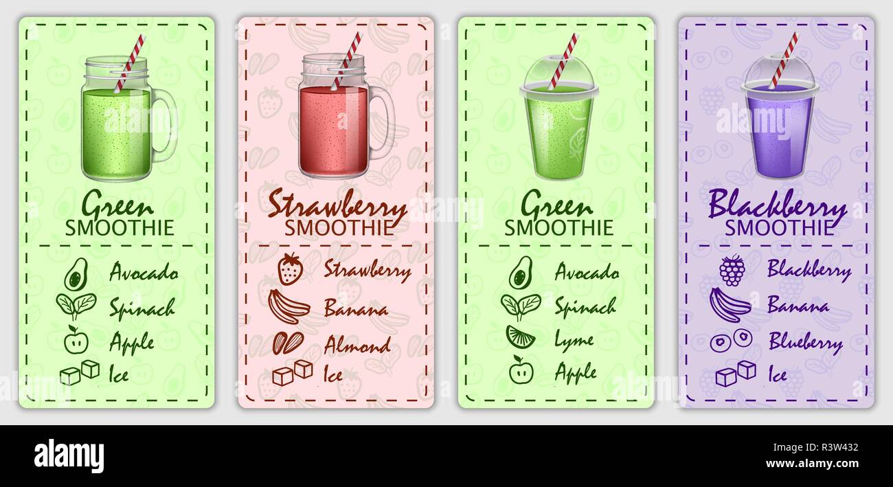 Smoothie fruit juice banner concept set. Realistic illustration of 4 ...