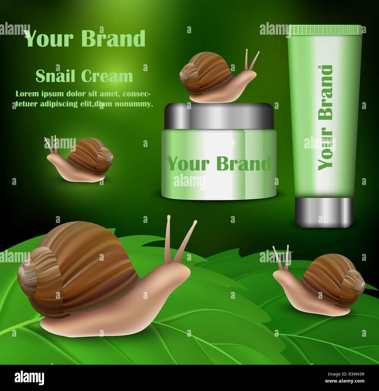 Snail cream cosmetics beauty banner. Realistic illustration of snail ...