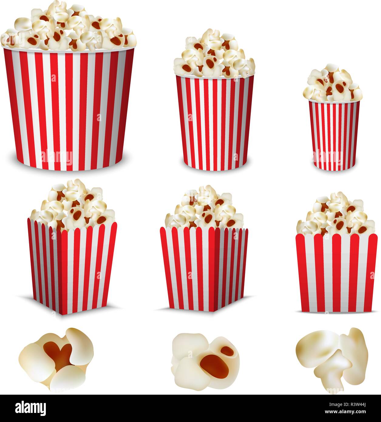Popcorn cinema box striped mockup set. Realistic illustration of 9 ...