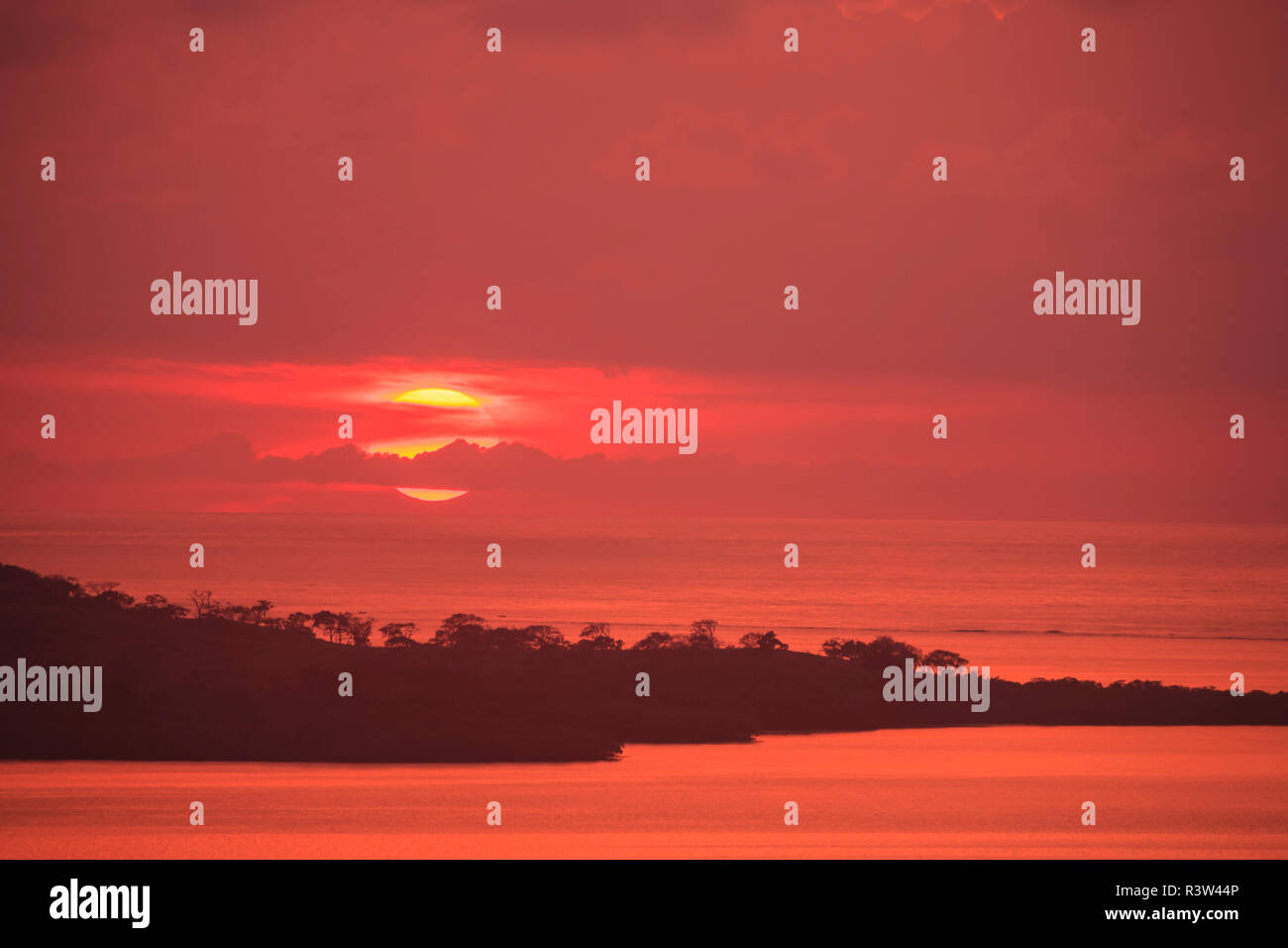 Aerial view of sunset and West End of Roatan, Bay Islands, Honduras ...
