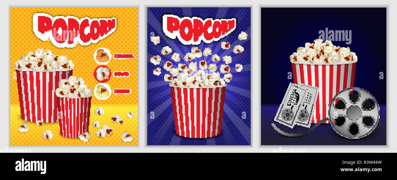 Popcorn cinema box striped banner concept set. Realistic illustration ...