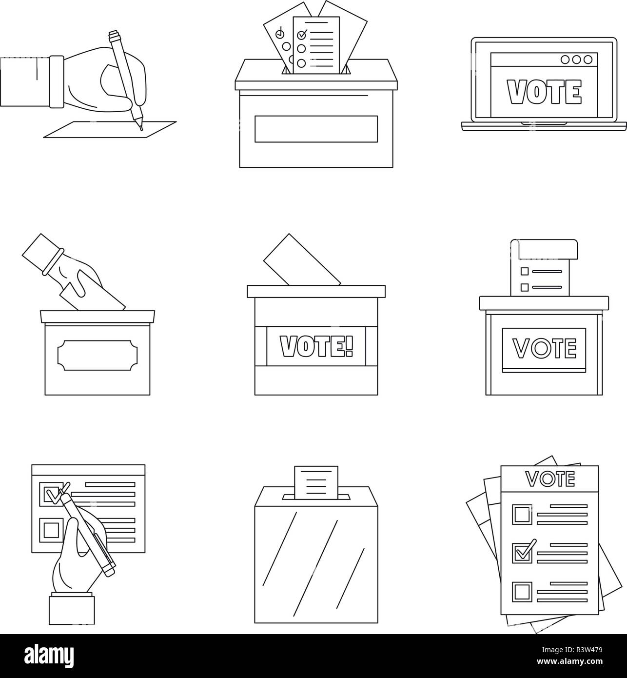 Ballot voting box vote polling icons set. Outline illustration of 9 ballot voting box vote ...