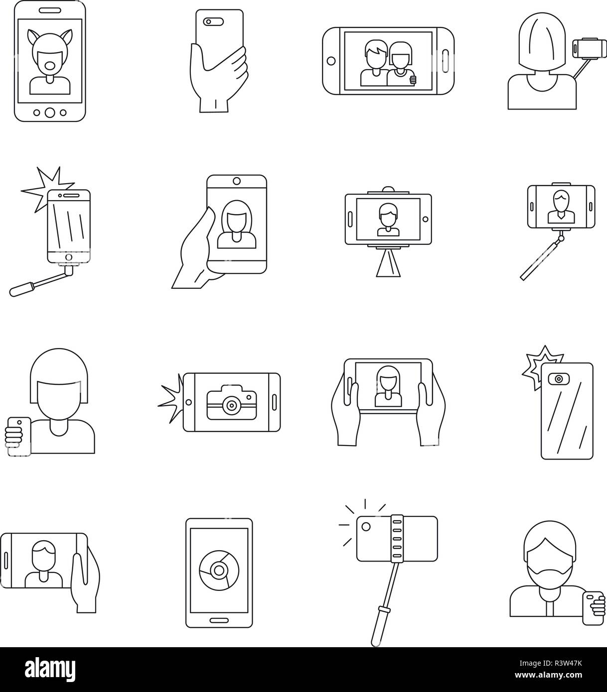 Selfie video photo people posing icons set. Outline illustration of 16 ...