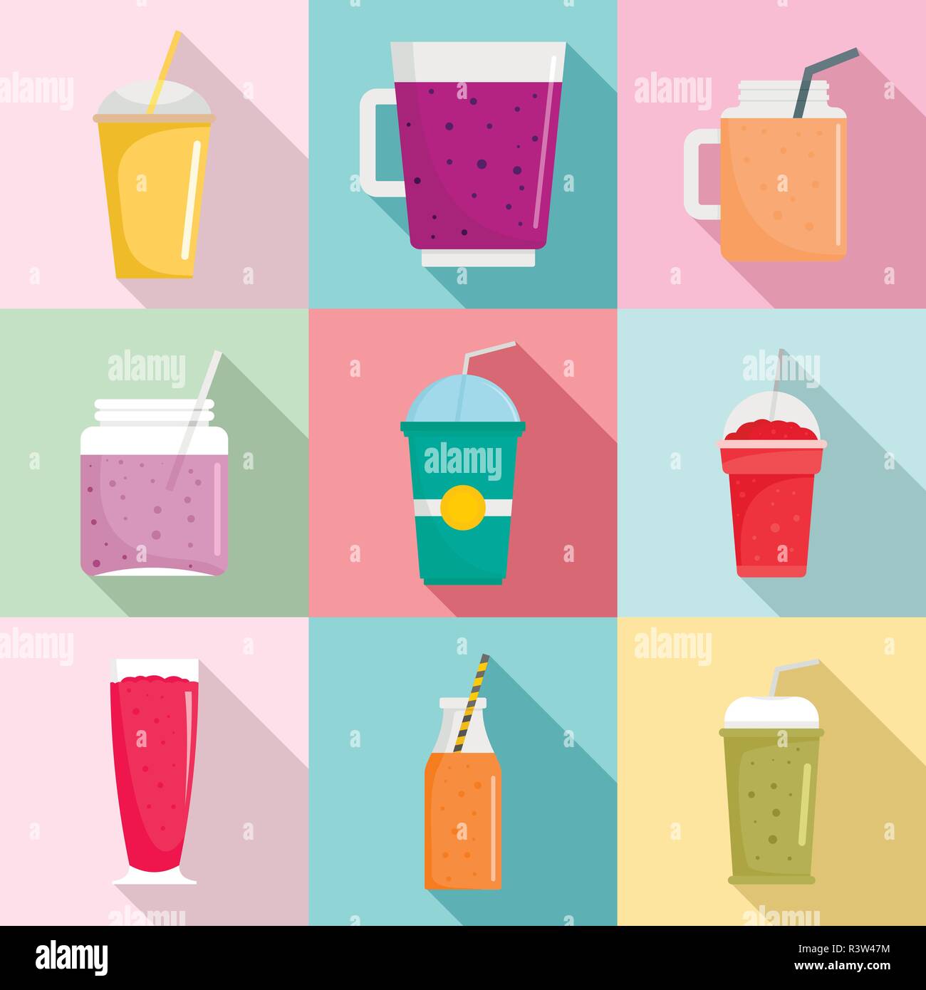 Smoothie milkshake fruit juice icons set. Flat illustration of 9 ...